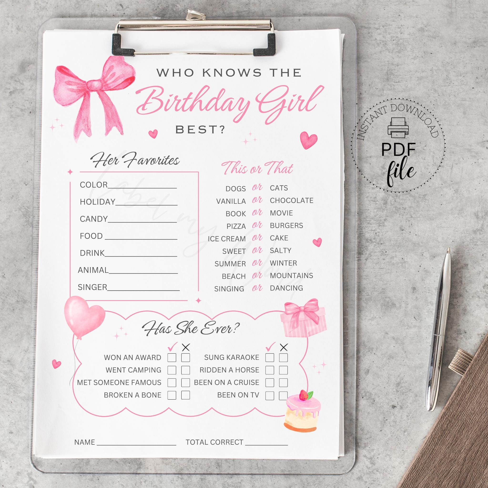 Pink Bow Who Knows the Birthday Girl Best Game, Printable Coquette ...