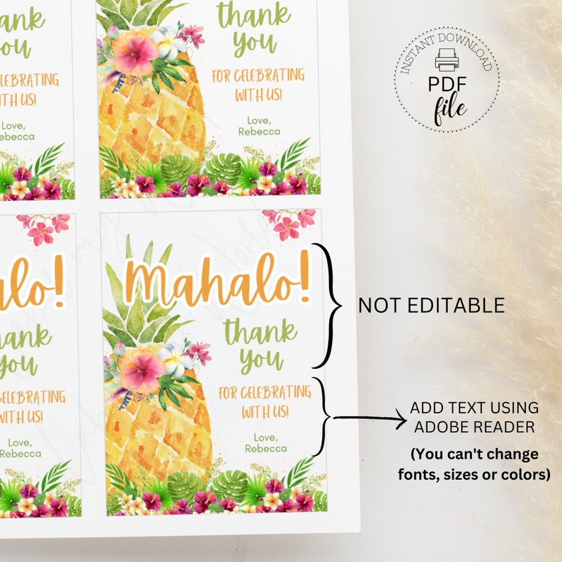 Printable Mahalo Hawaiian Luau Birthday Favor Tag, Personalized Aloha ...
