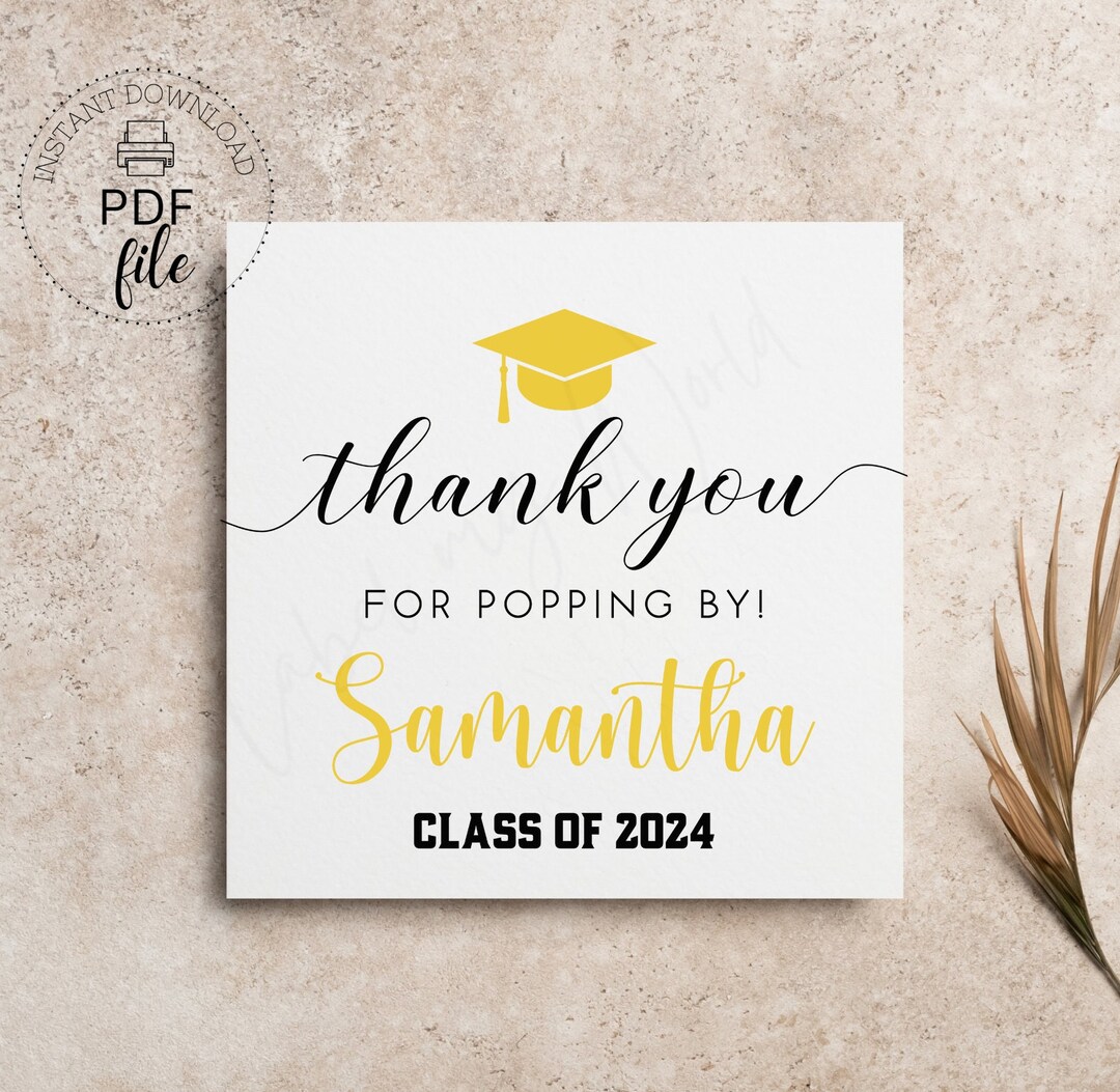 Thank You for Popping by Graduation Gold Grad Cap & Name Tag ...
