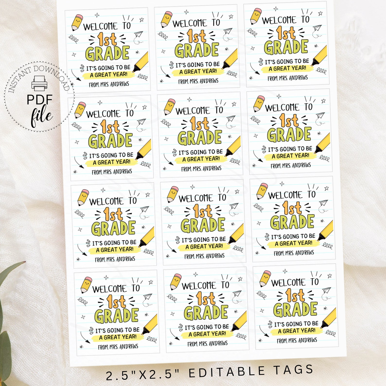Printable Welcome to First Grade Gift Tag, Personalized Teacher ...