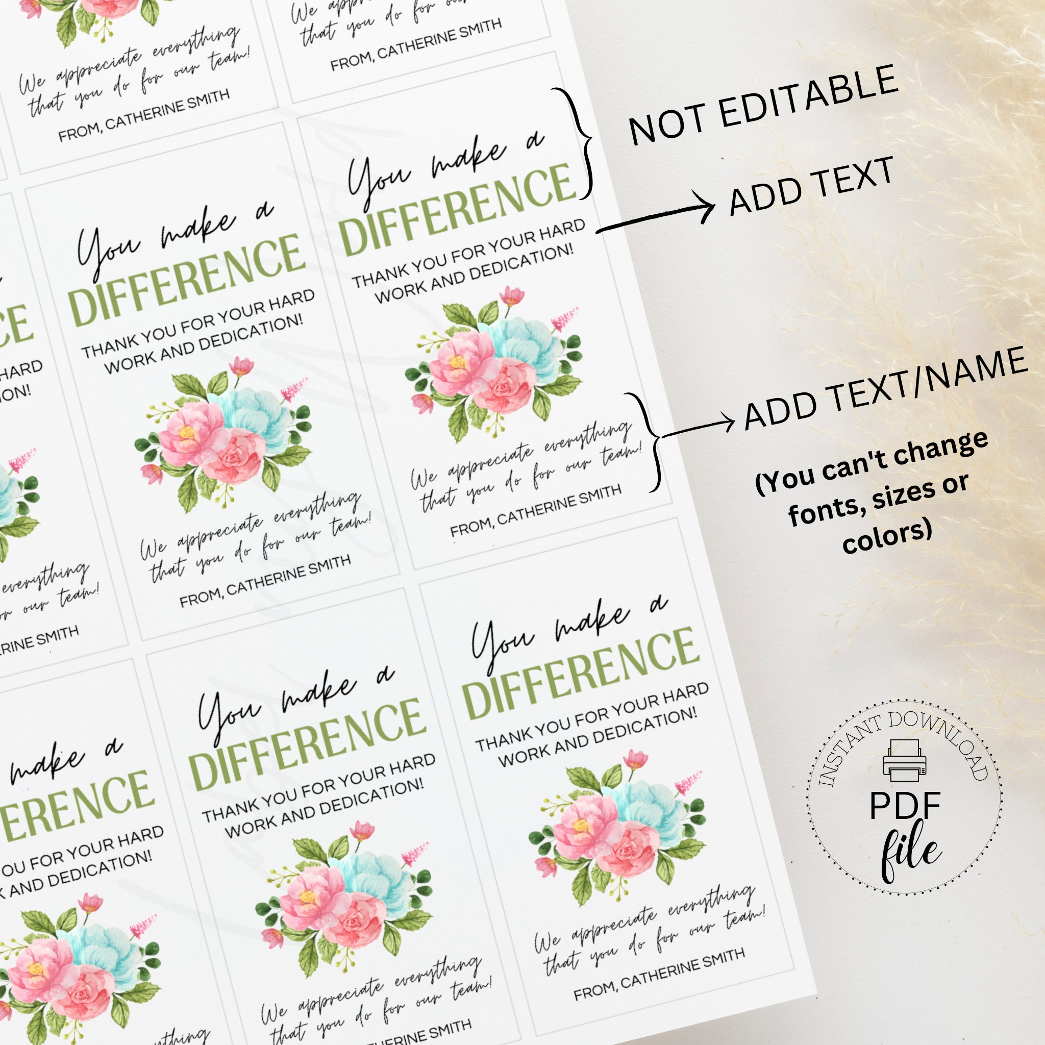Printable You Make a Difference Tags, Teacher/employee/nurse/staff ...