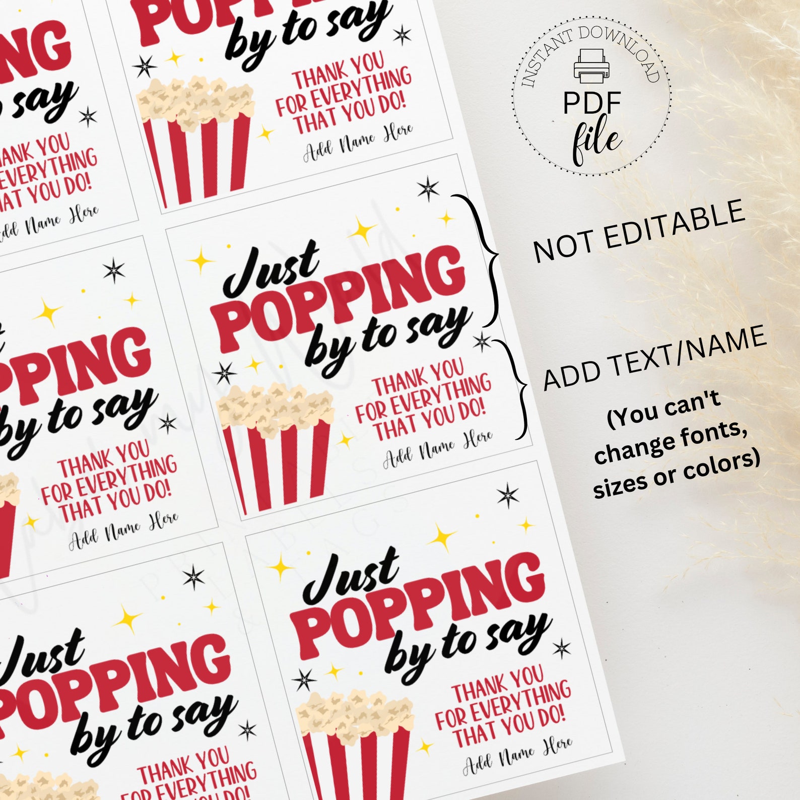 Just Popping by to Say Thank You Gift Tag Printable Popcorn Treat Bag ...