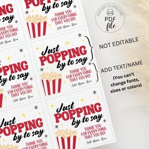 Just Popping by to Say Thank You Gift Tag | Printable Popcorn Treat Bag ...