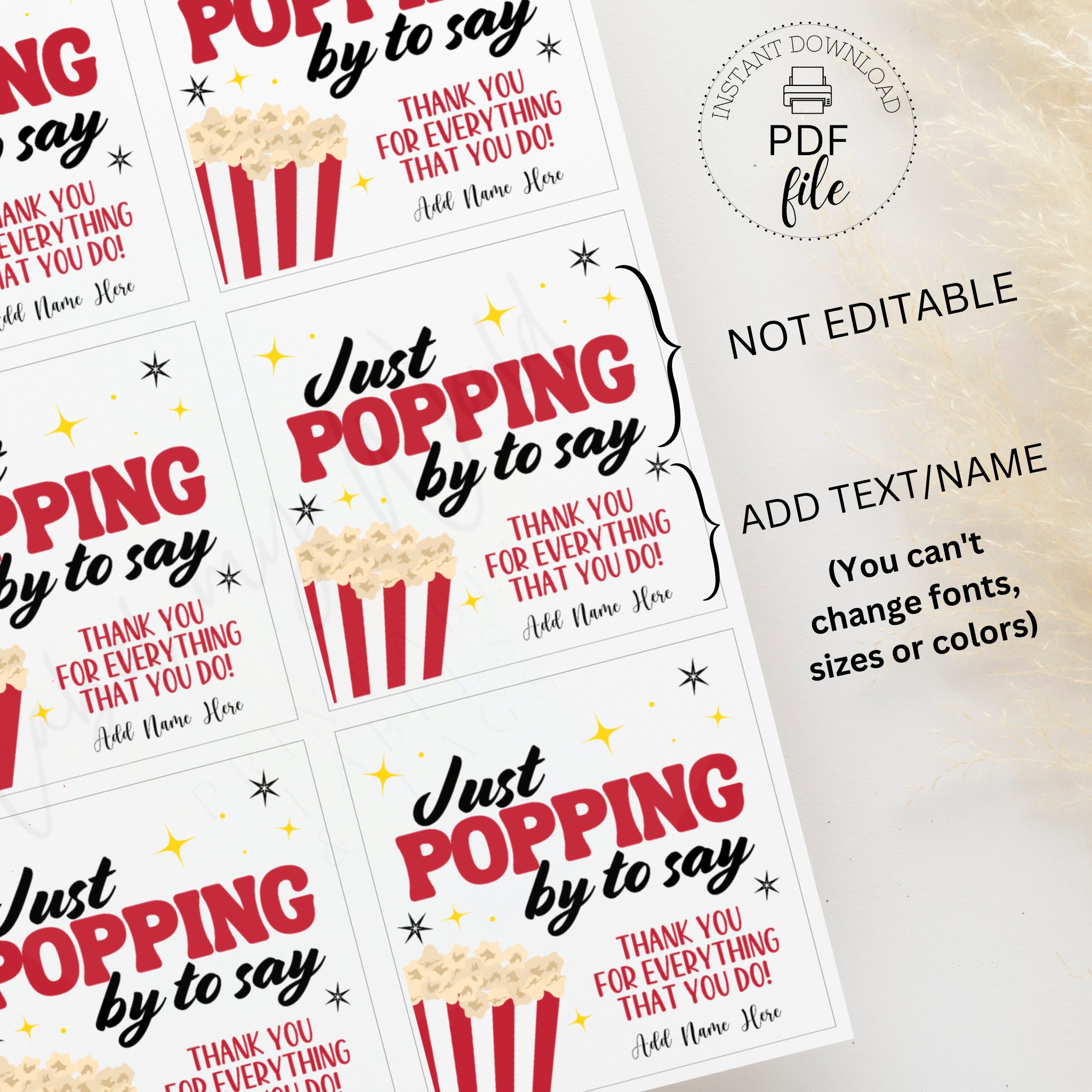 Just Popping by to Say Thank You Gift Tag Printable Popcorn Treat Bag ...