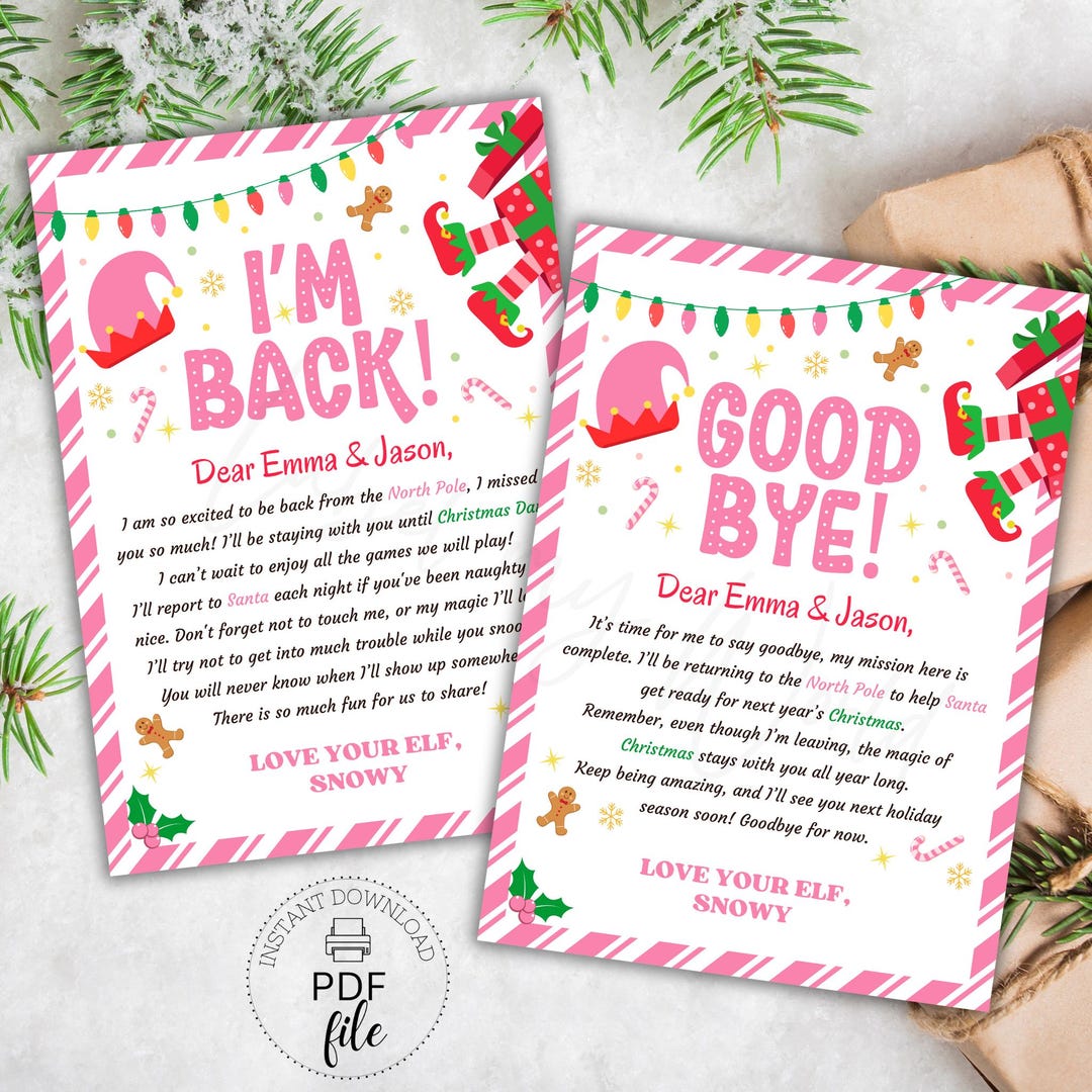 Printable Pink Elf Arrival & Goodbye Letters, Christmas Elf Return 5"x7 ...