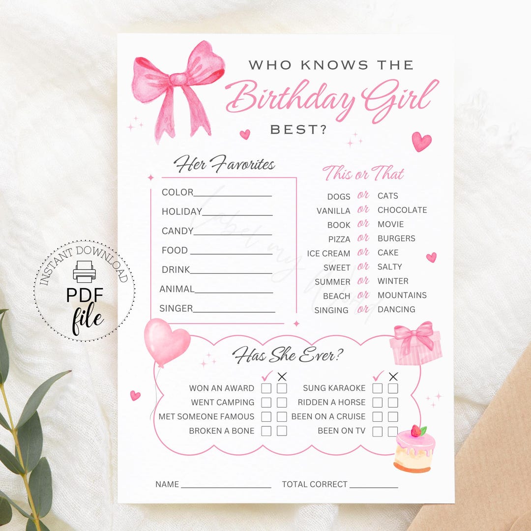 Pink Bow Who Knows the Birthday Girl Best Game, Printable Coquette ...