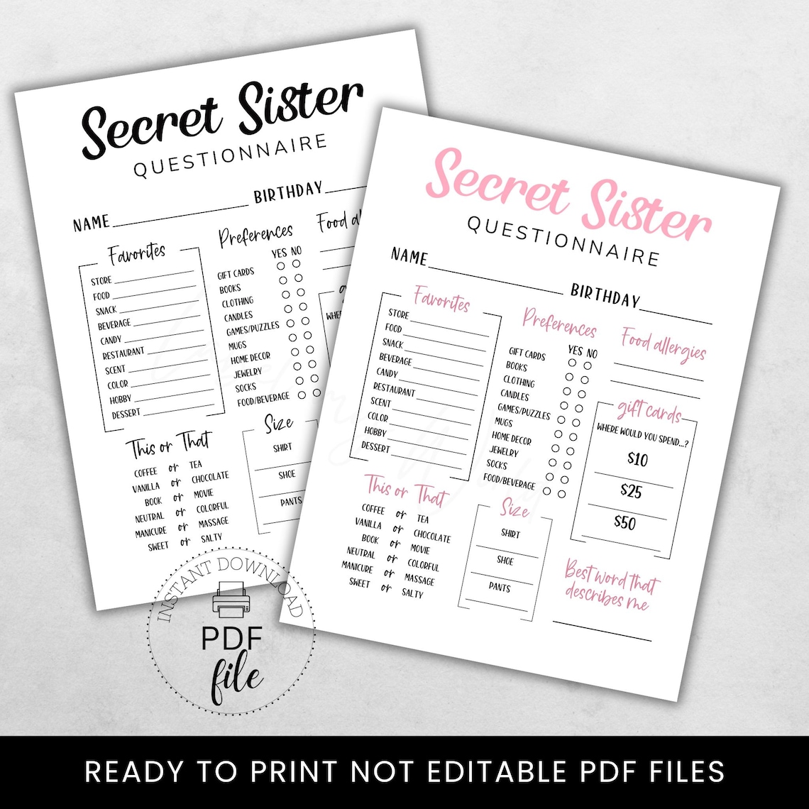 Printable Secret Sister Questionnaire, Gift Exchange Favorite Things ...
