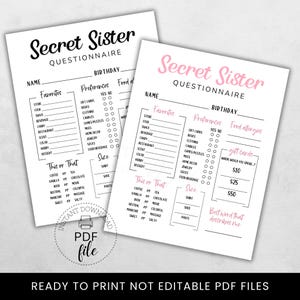 Printable Secret Sister Questionnaire, Gift Exchange Favorite Things ...