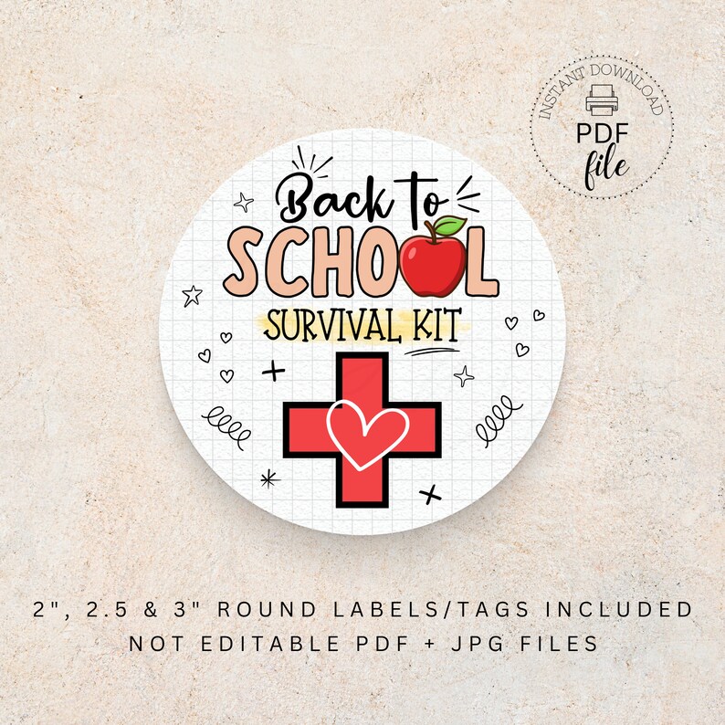 Printable Back to School Survival Kit Round Label/tag, Back to School ...