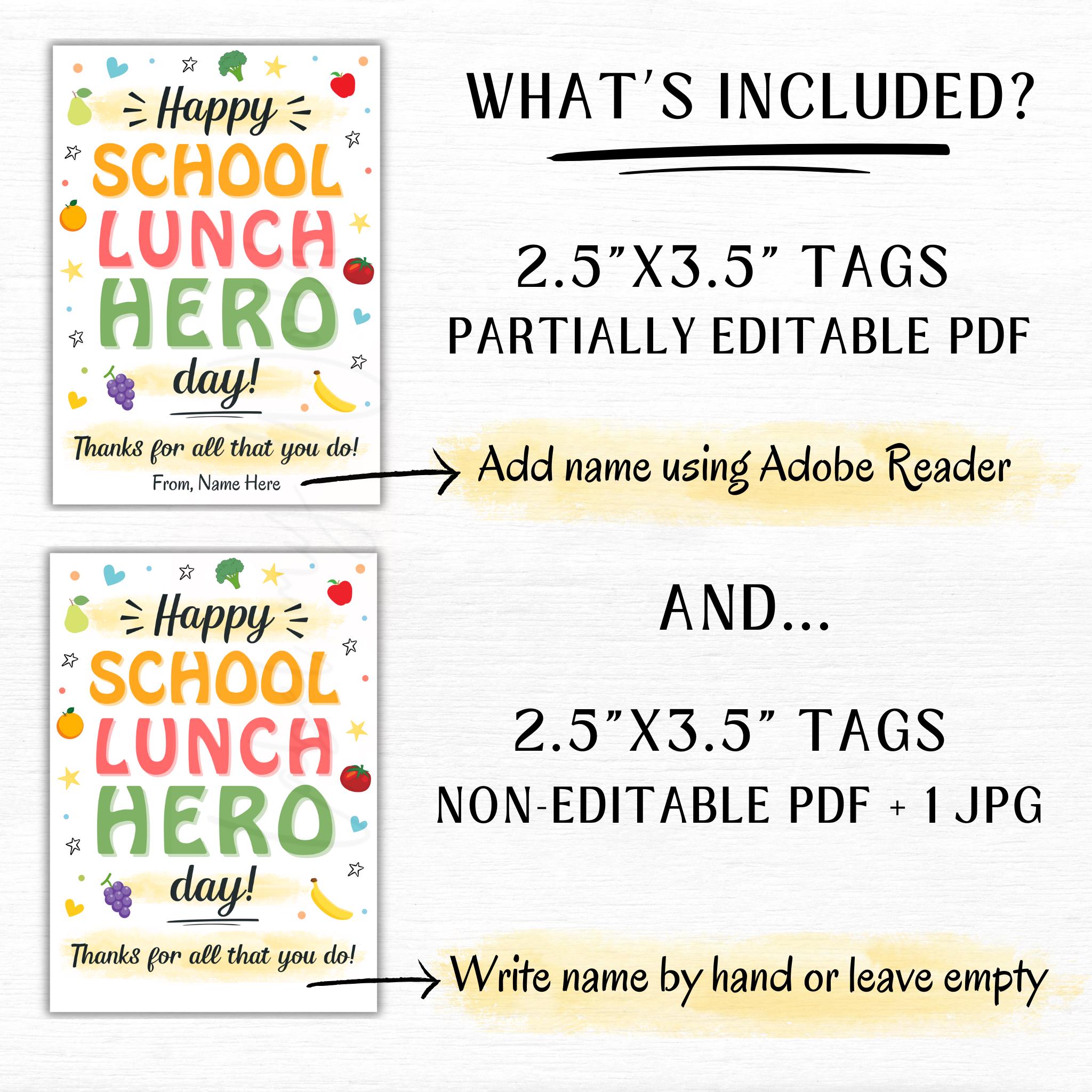 Printable Happy School Lunch Hero Day Gift Tag, Cafeteria Thank You for ...