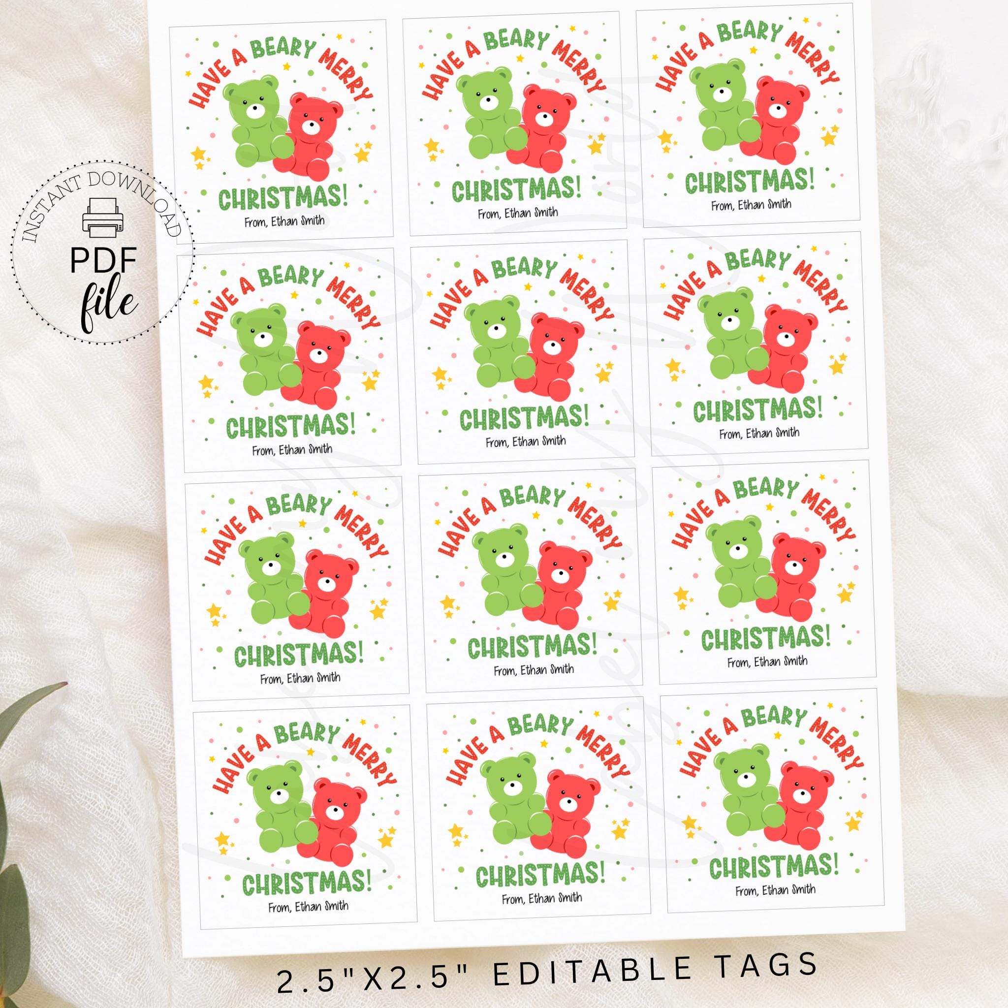Printable Gummy Bear Tag, Have a Beary Merry Christmas Personalized 2 ...