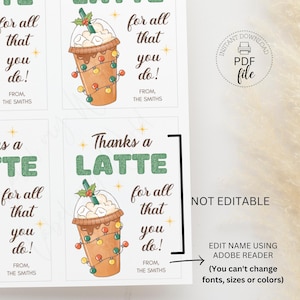 Printable Christmas Coffee Gift Tag, Thanks a Latte for All That You Do ...