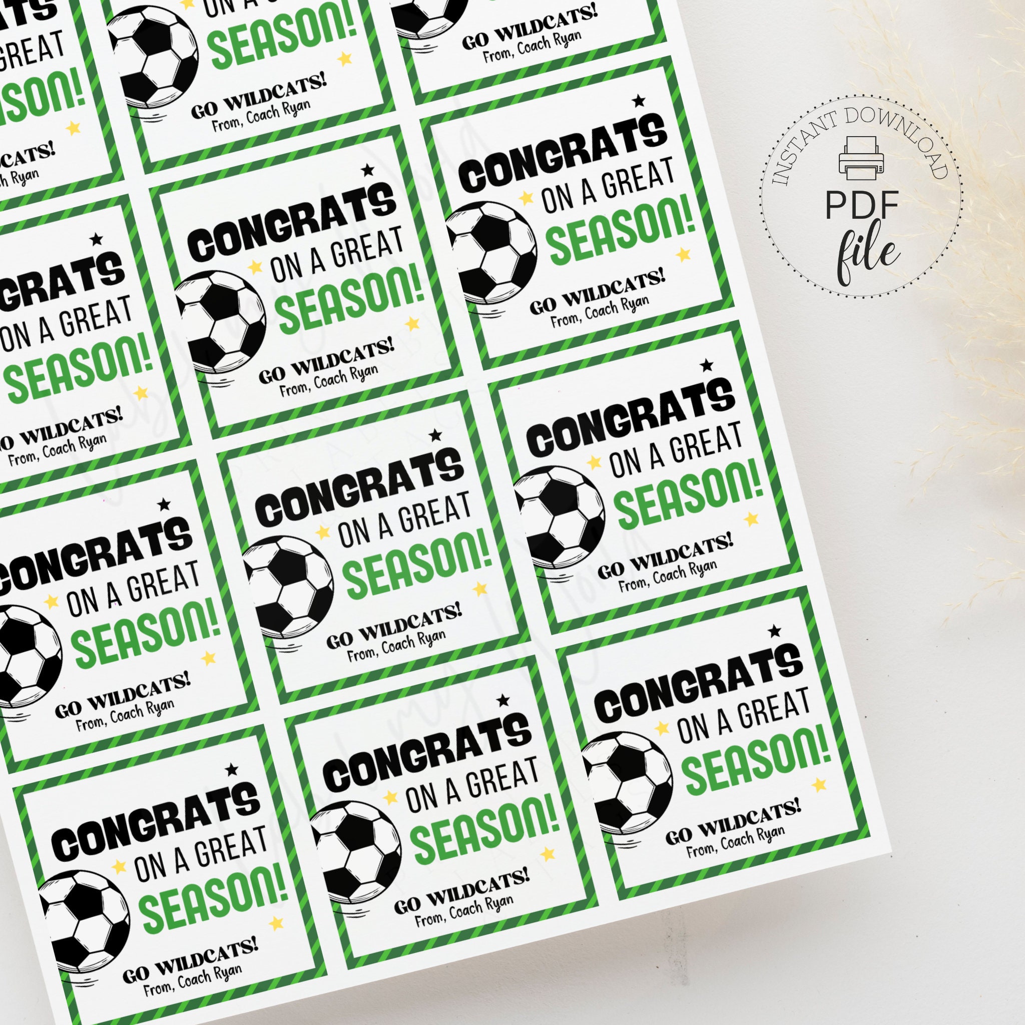 Congrats on a Great Season Soccer Team Gift Tag Printable/customized ...