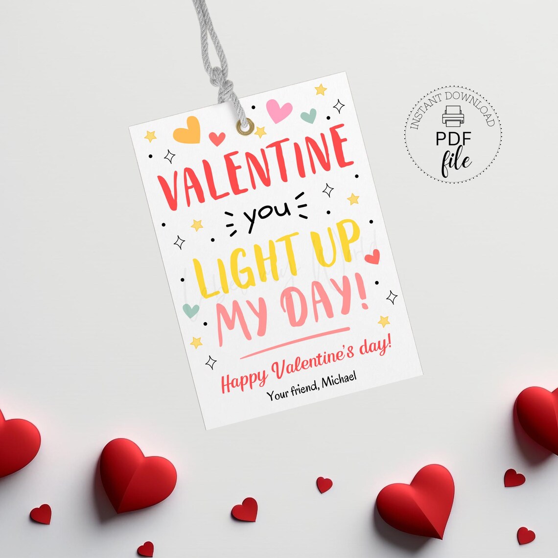 Printable Valentine You Light up My Day Gift Tags, Personalized Glow ...