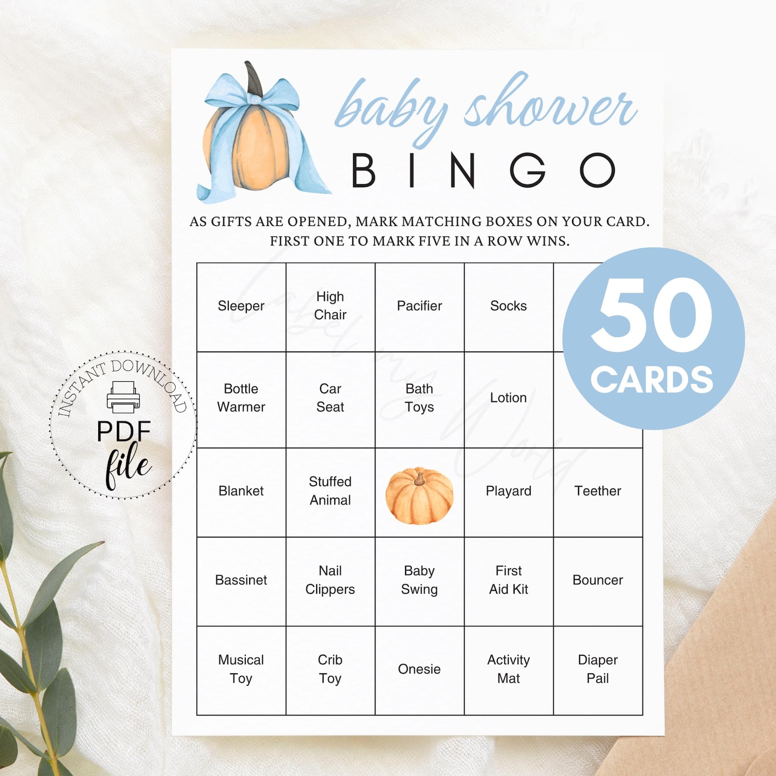 Blue Pumpkin Baby Shower Bingo, 50 Prefilled Fall Baby Boy Bingo Game ...