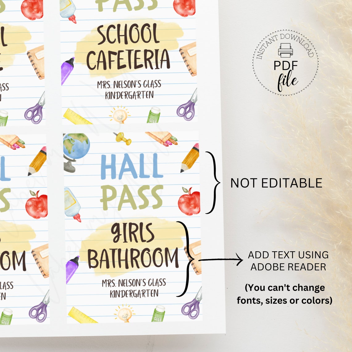 Printable Classroom Hall Pass Cards, Editable Hall Passes for Teacher ...