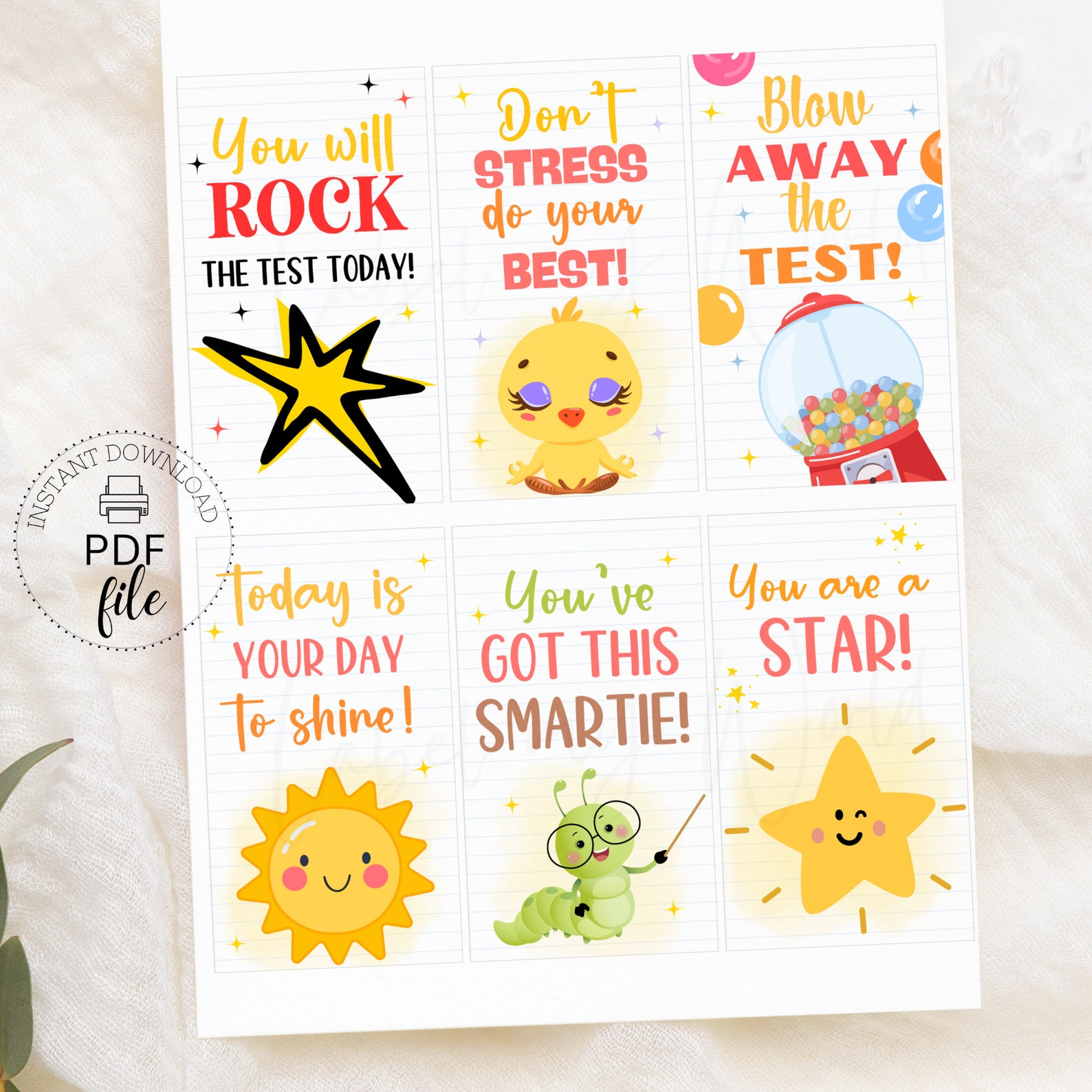 Printable Testing Day Tags, Test Taking Motivation Note Cards, Cute ...