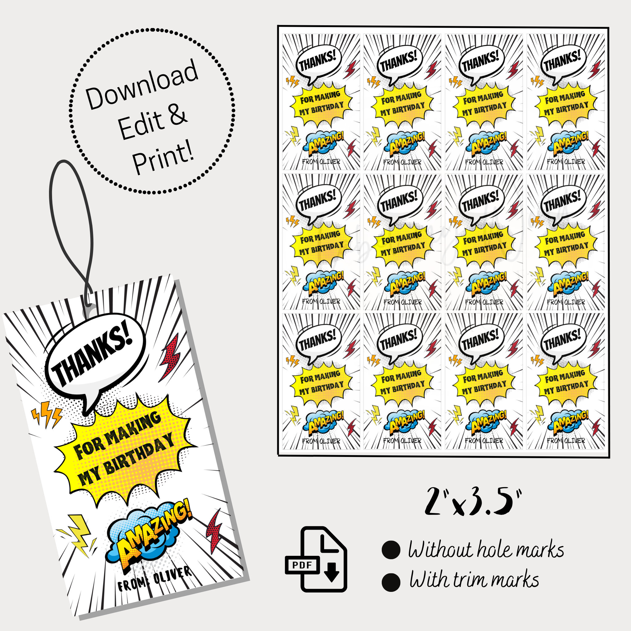 Editable Comic Birthday Thank You Tag | Printable Superhero Favor Tag ...