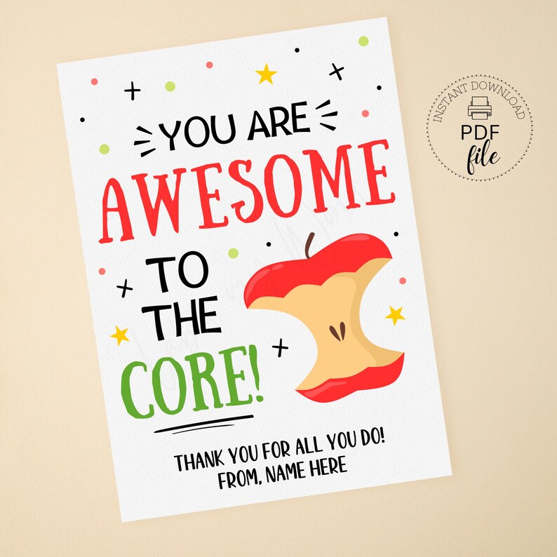 Apple Appreciation Printable Gift Tag, You're Awesome to the Core Thank ...