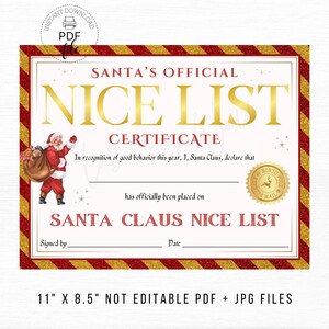 Printable Santa Claus Official Nice List Certificate, Christmas Eve 11 ...