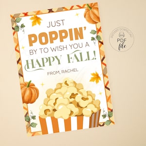Printable Popcorn Fall Treat Tag, Personalized Just Popping by to Wish ...