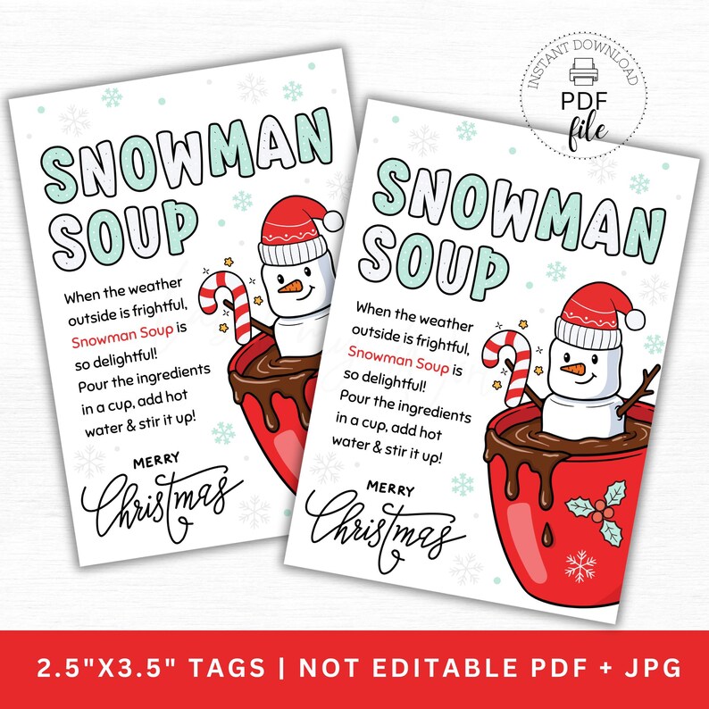 Snowman Soup Gift Tag, Printable Winter Hot Cocoa Tags (PDF + JPG ...