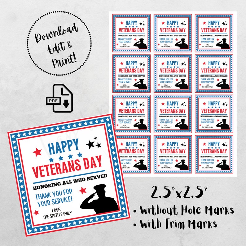 Printable Happy Veterans Day Thank You for Your Service Gift Tag (PDF ...