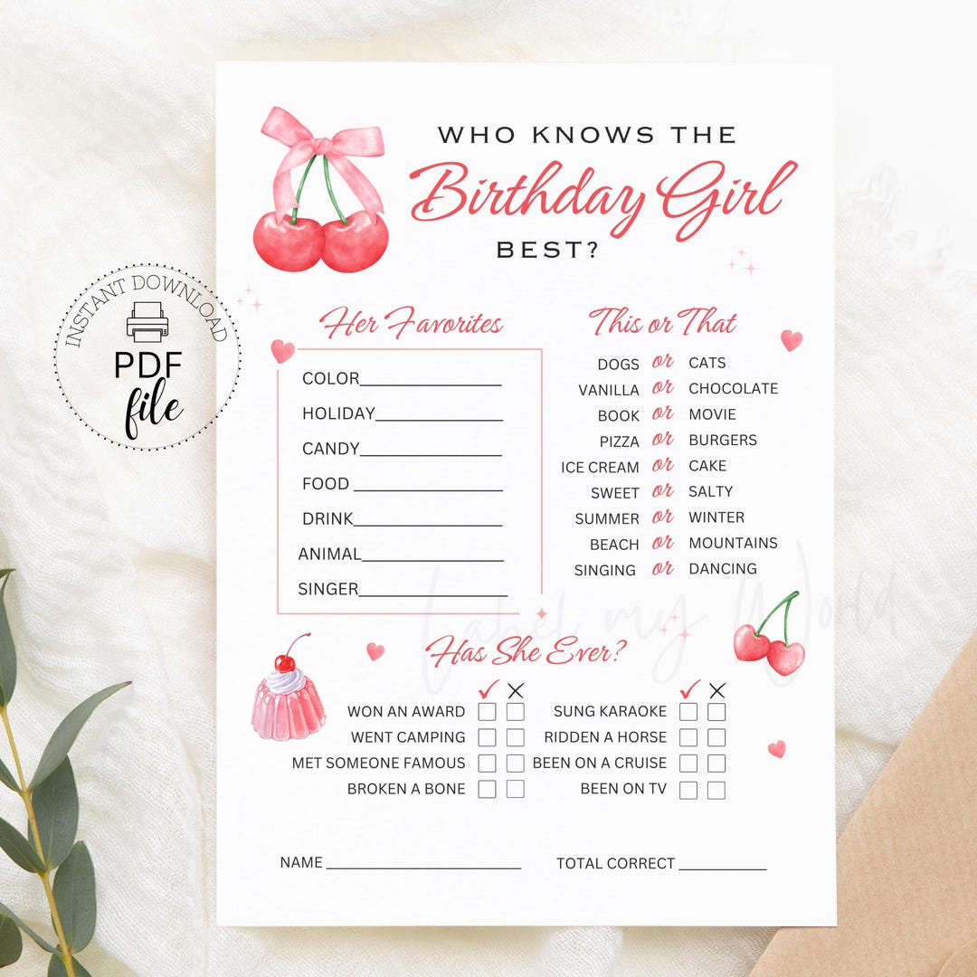 Cherry Bow Who Knows the Birthday Girl Best, Printable Coquette ...