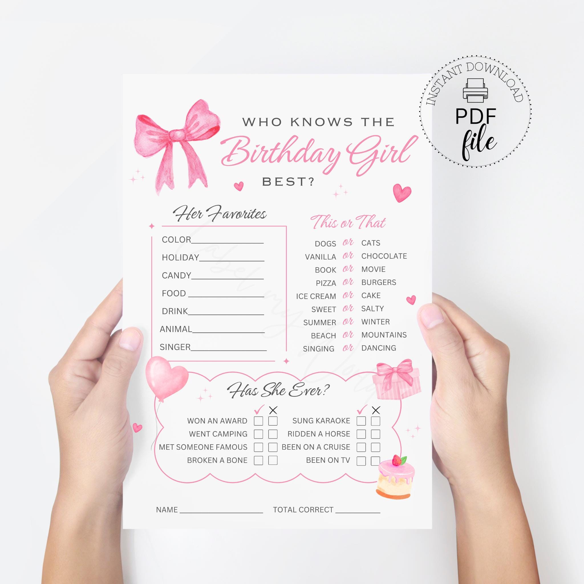 Pink Bow Who Knows the Birthday Girl Best Game, Printable Coquette ...
