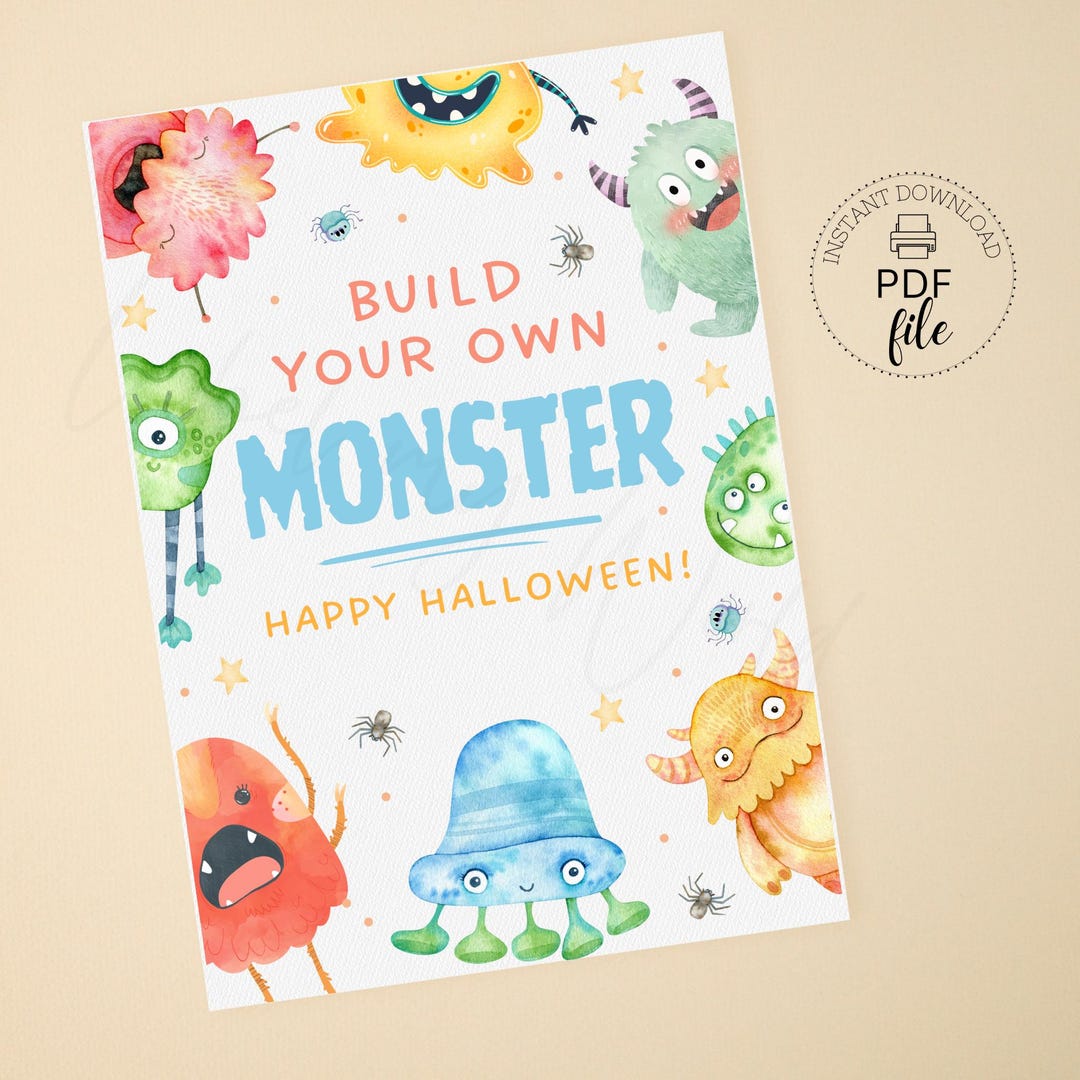 Printable Build Your Own Monster Tags, Make Your Own Monster Kit Card, Happy Halloween 2.5x3.5 ...