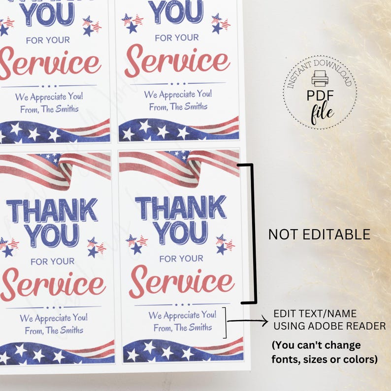 Thank You for Your Service Gift Tag, Veterans Military Appreciation ...