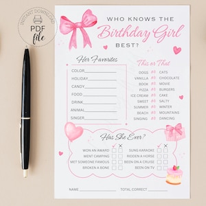 Pink Bow Who Knows the Birthday Girl Best Game, Printable Coquette ...