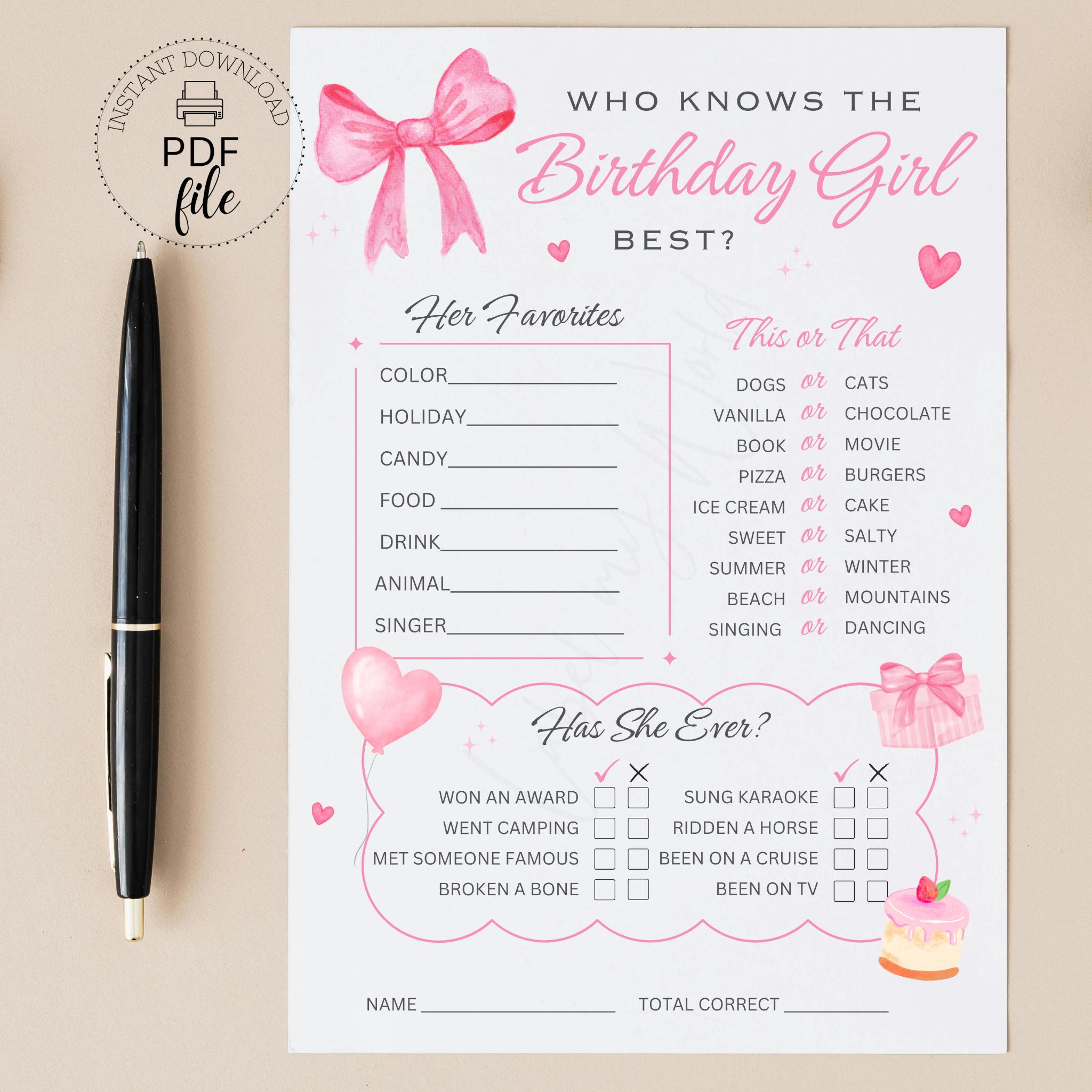 Pink Bow Who Knows the Birthday Girl Best Game, Printable Coquette ...
