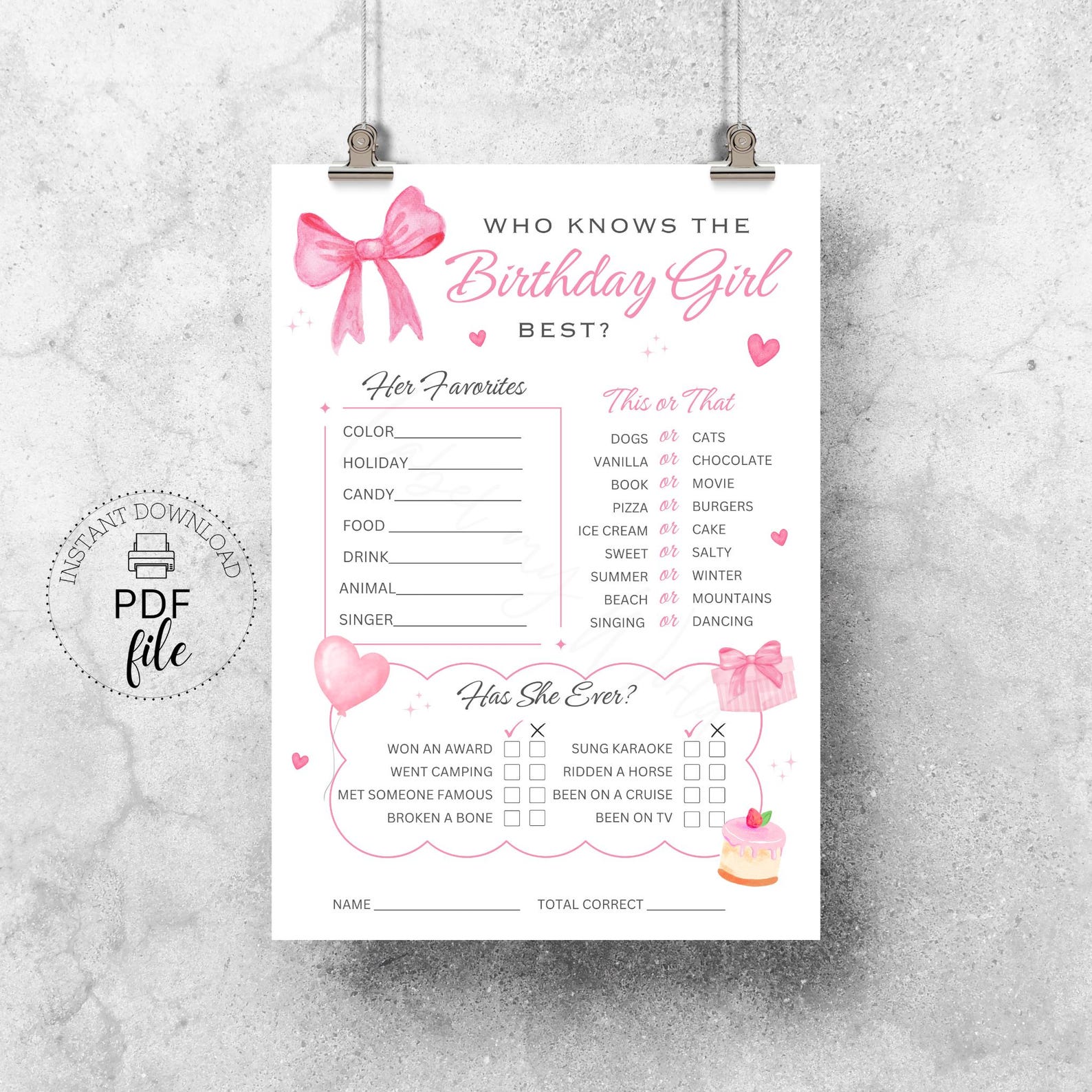 Pink Bow Who Knows the Birthday Girl Best Game, Printable Coquette ...
