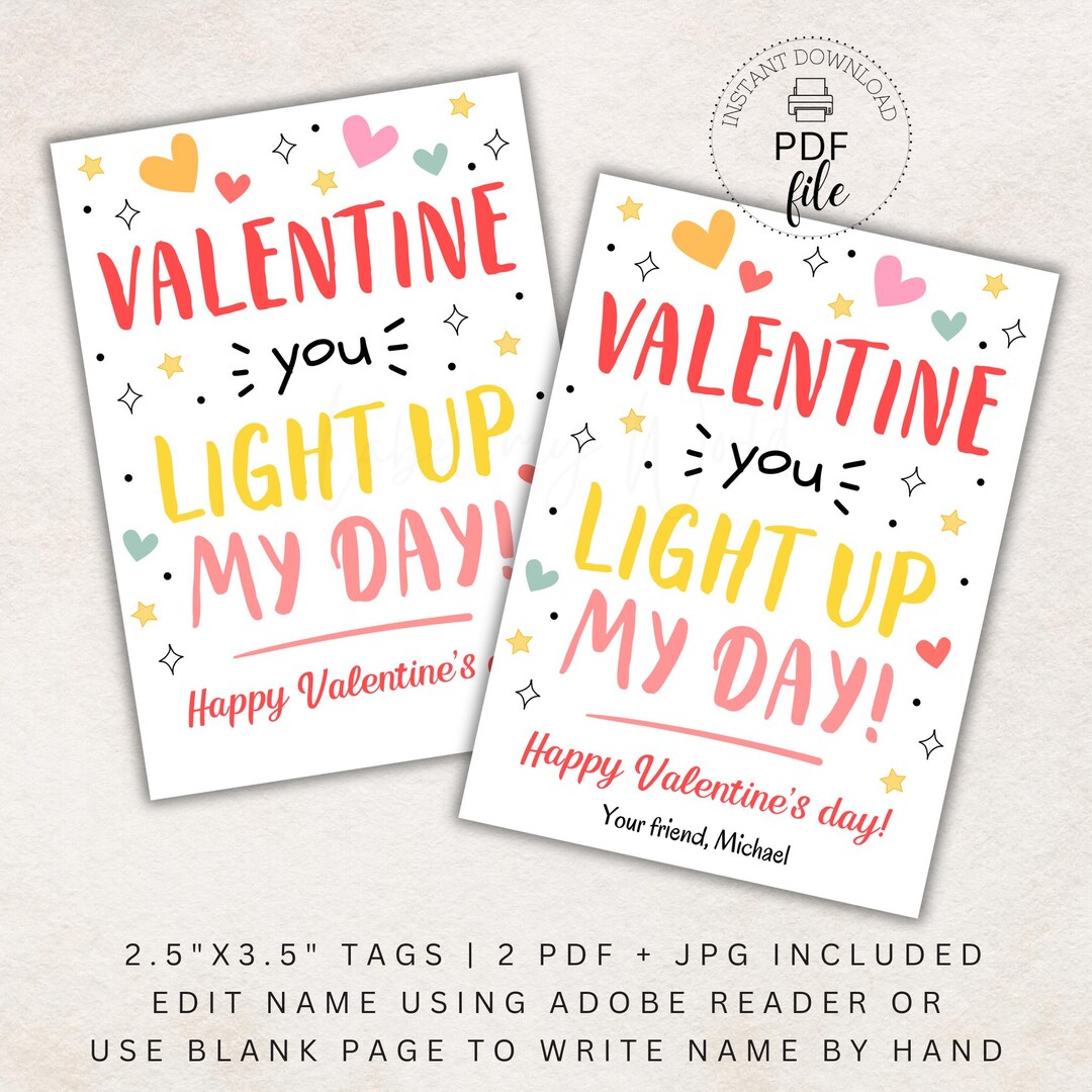 Printable Valentine You Light up My Day Gift Tags, Personalized Glow ...