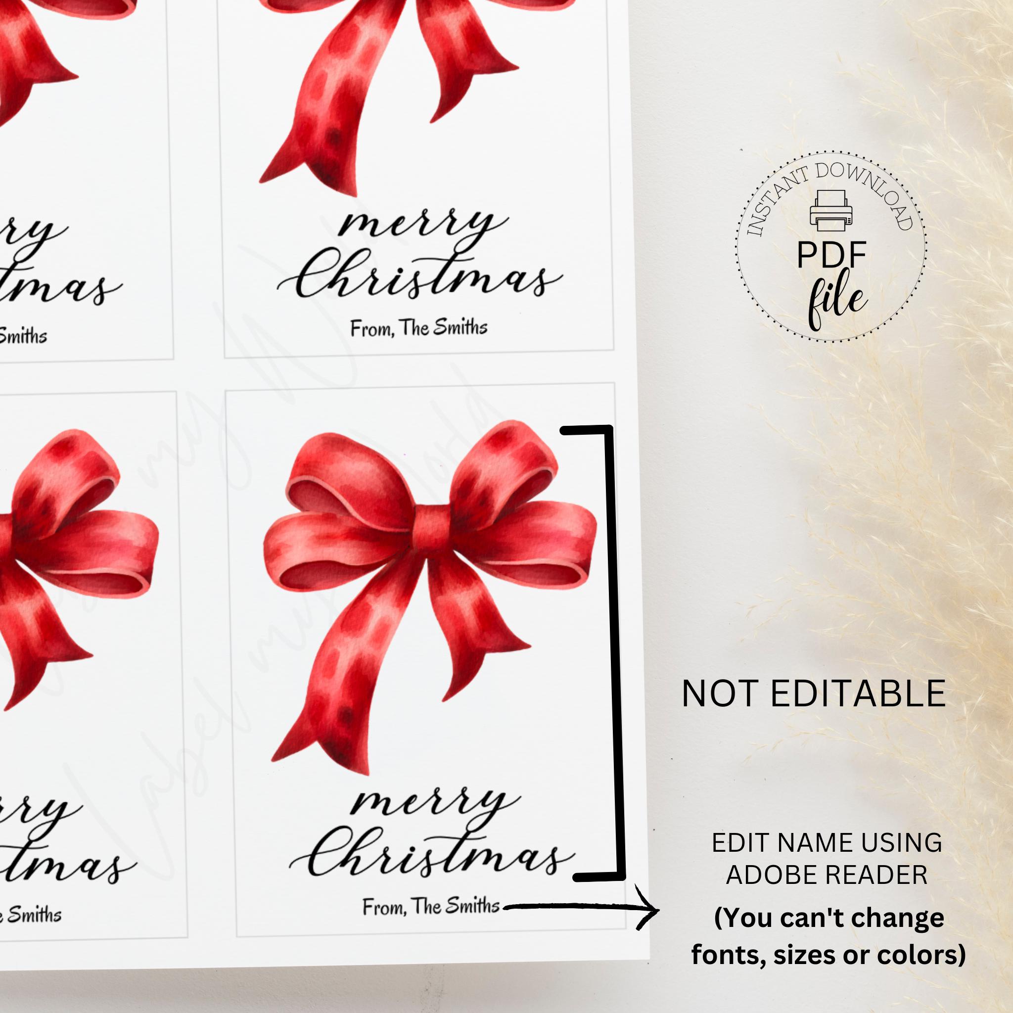 Printable Christmas Red Bow Gift Tag, Personalized Merry Christmas ...