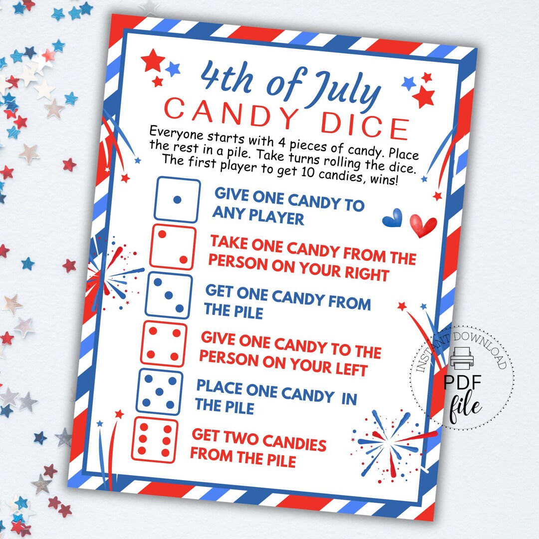 Printable 4th of July Candy Dice, Fourth of July Party Roll the Dice ...