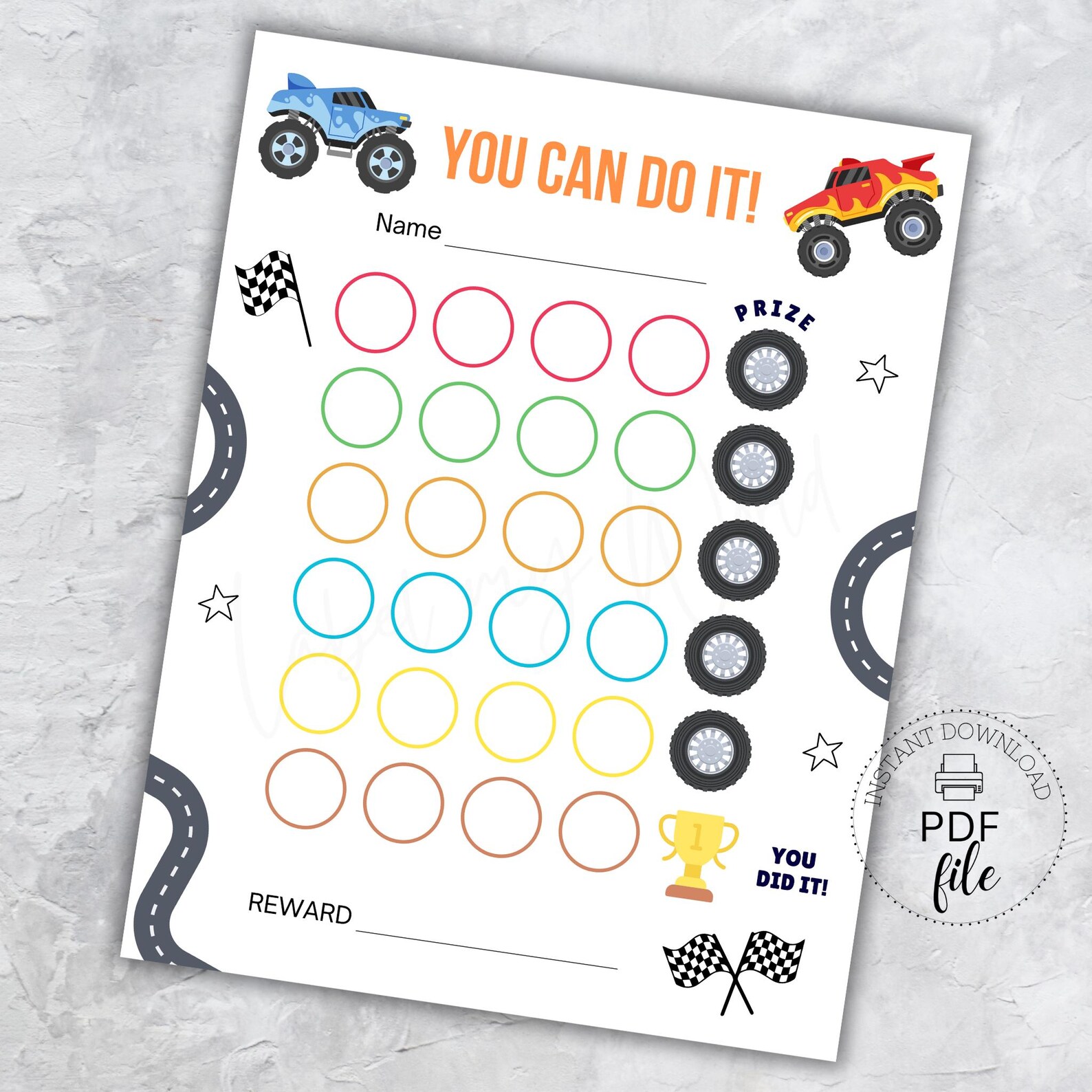 Printable Kids Reward Chart, Monster Truck Sticker Chart, You Can Do It ...