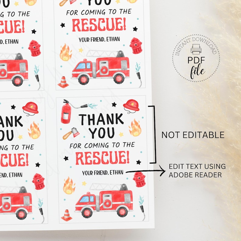 Printable Firetruck Birthday Party Favor Tag, Personalized Thank You ...