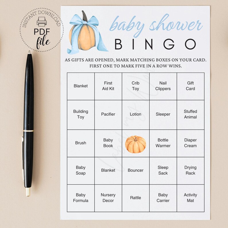 Blue Pumpkin Baby Shower Bingo, 50 Prefilled Fall Baby Boy Bingo Game ...
