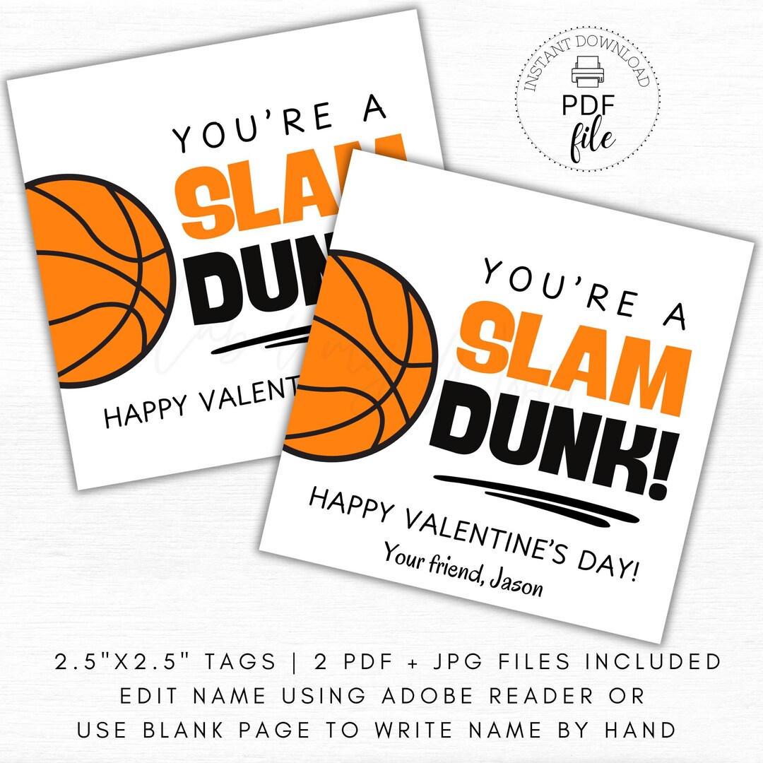 Printable Valentine You're a Slam Dunk Basketball Gift Tag, Happy ...