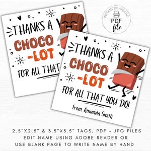 Printable Chocolate Gift Tags, Thanks a Choco-lot for All That You Do ...