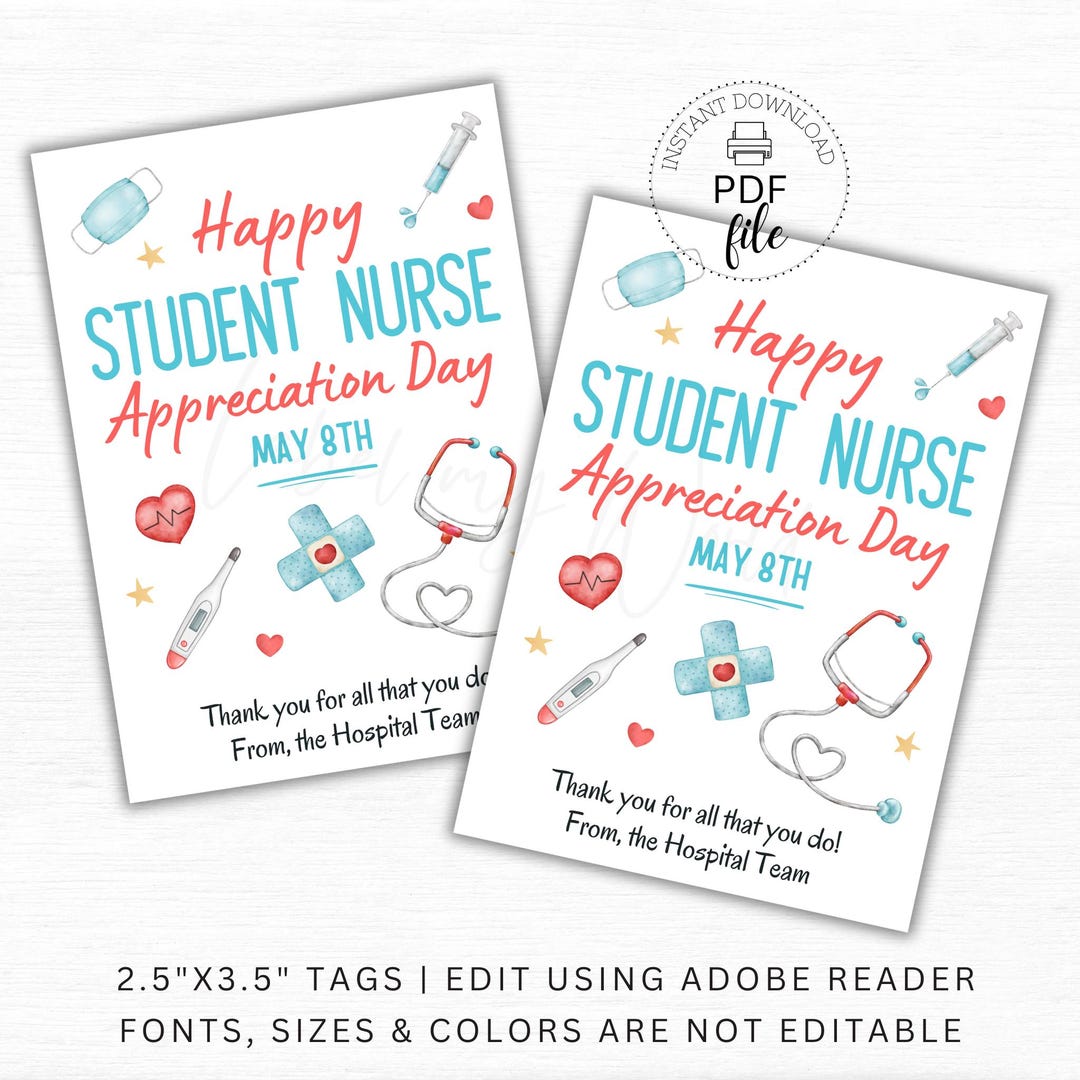 Printable Happy Student Nurse Appreciation Day May 8th Gift Tag ...