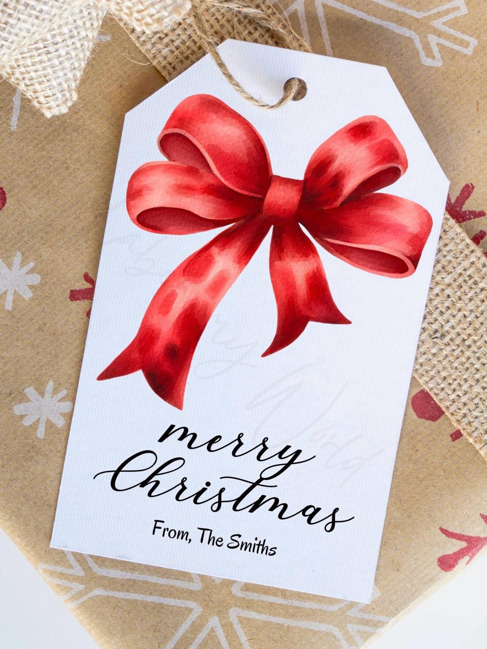Printable Christmas Red Bow Gift Tag, Personalized Merry Christmas ...