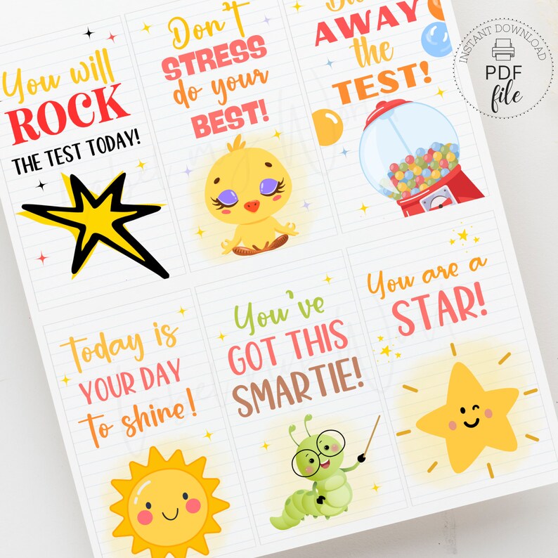 Printable Testing Day Tags, Test Taking Motivation Note Cards, Cute ...