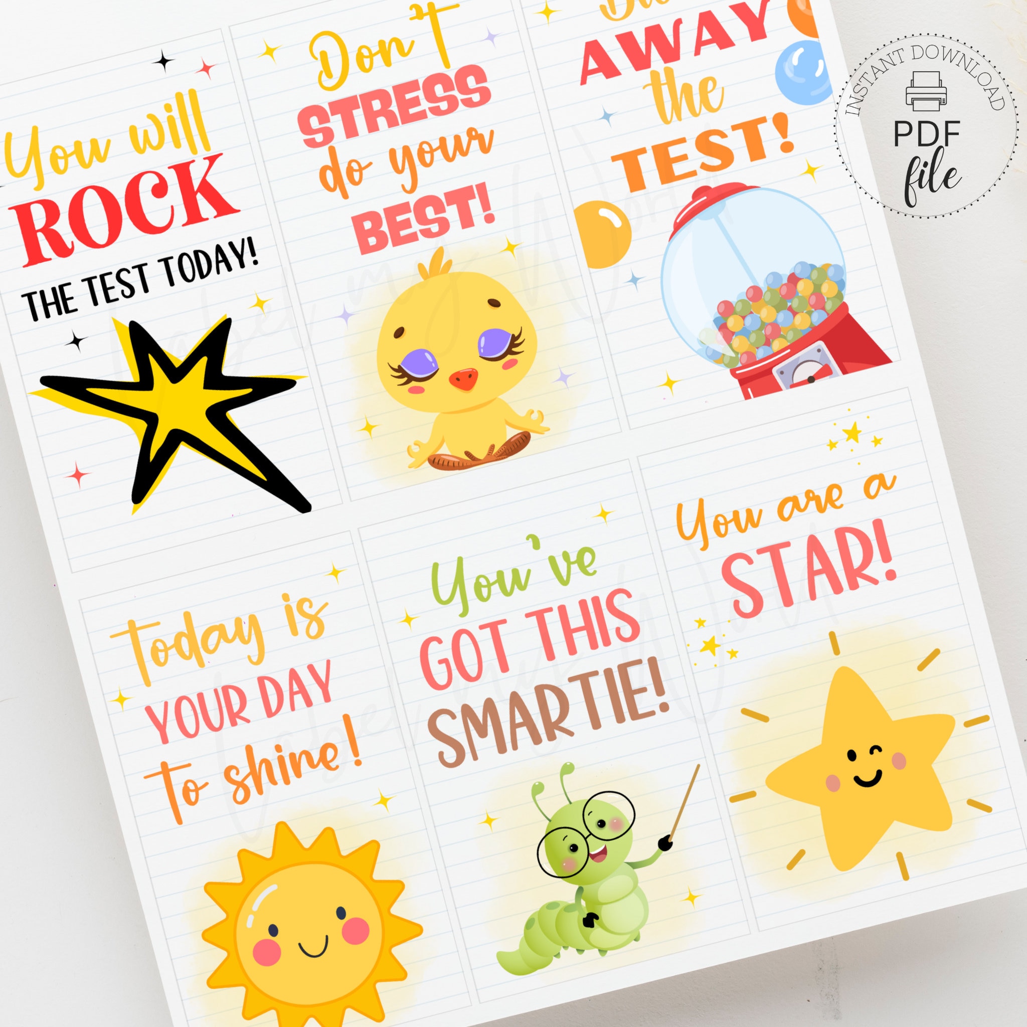 Printable Testing Day Tags, Test Taking Motivation Note Cards, Cute ...