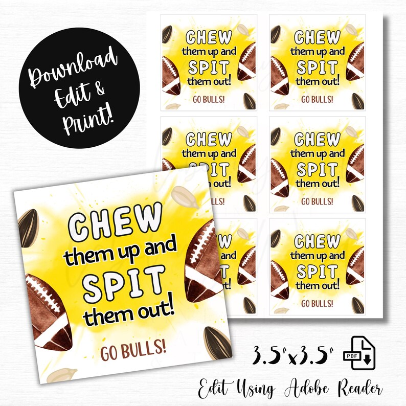 Printable Football Sunflower Seeds Tag, Personalized Chew Them up ...