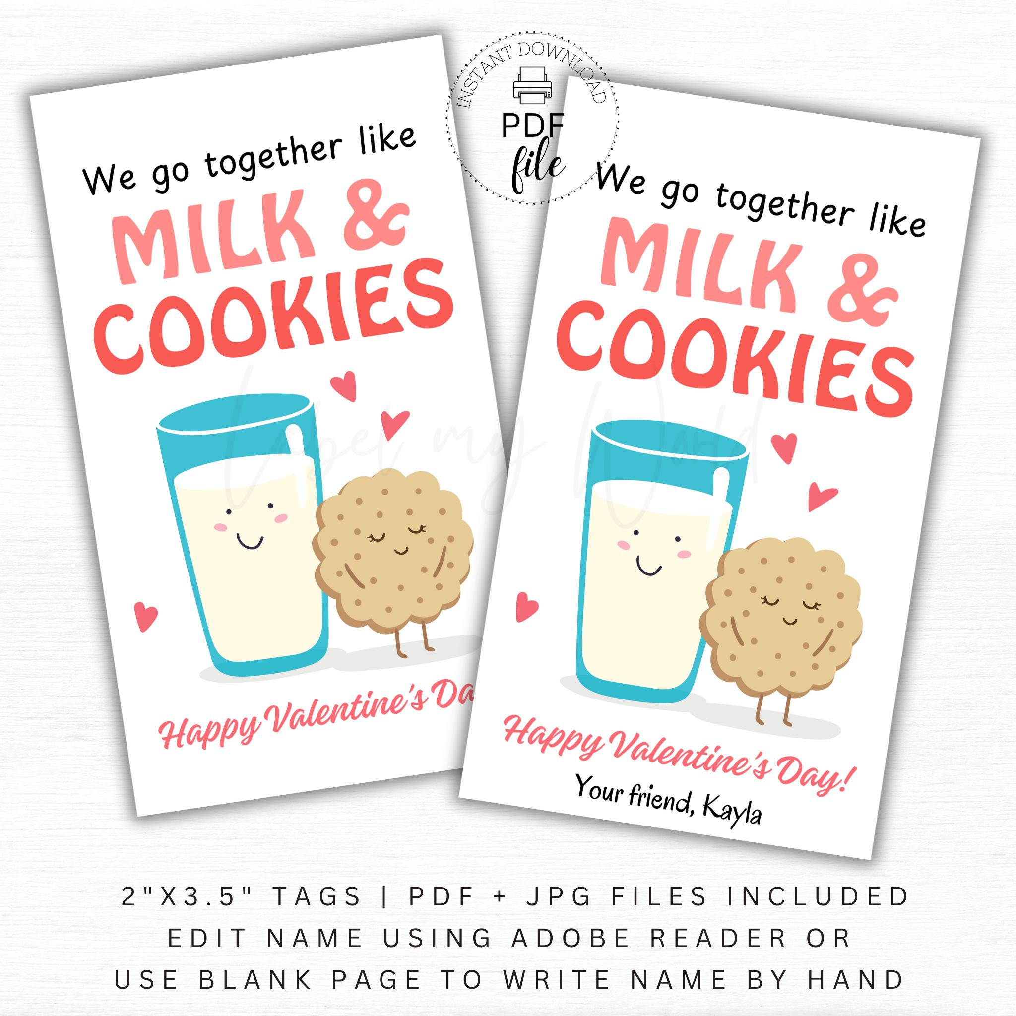 Printable Milk & Cookies Valentine Gift Tag, Personalized Happy ...