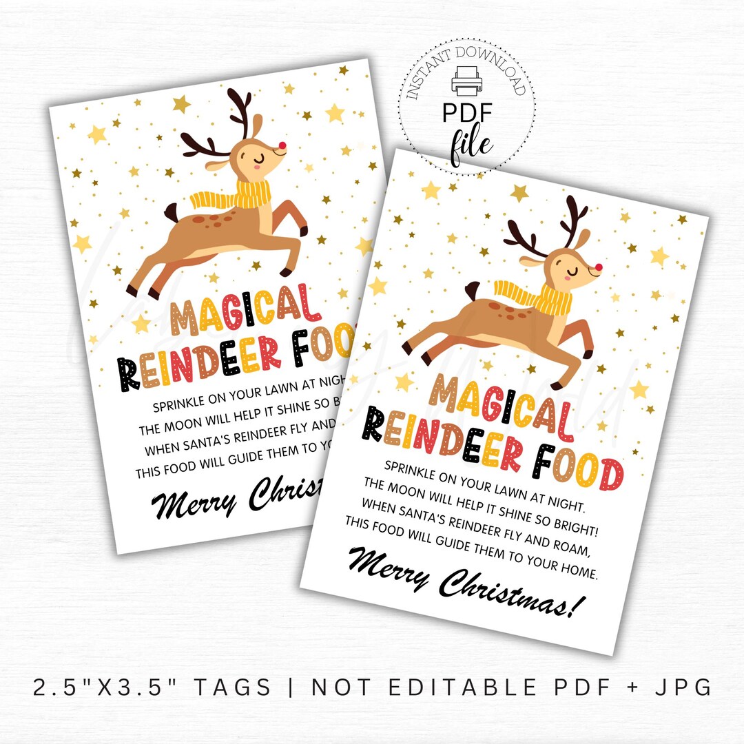 Printable Magical Reindeer Food Tag, Cute Reindeer Christmas Gift Tag ...