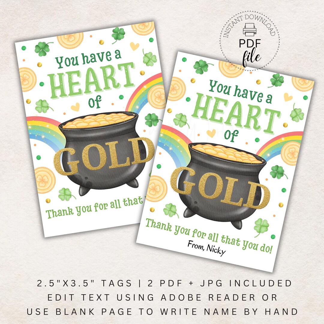 Printable You Have a Heart of Gold Treat Tag, Thank You for All You Do ...